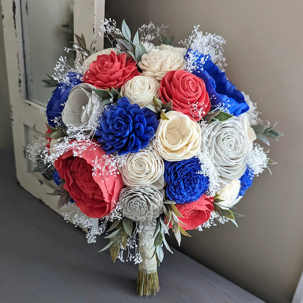 Royal Blue, Light Gray, Bright Coral, and Ivory Bouquet with Baby's Br ...